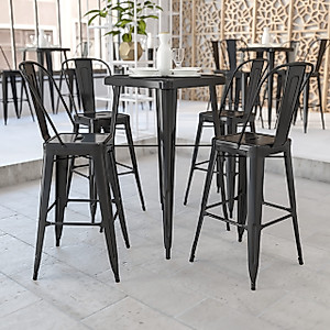 EMMA + OLIVER Commercial 23.75SQ Silver Metal Indoor-Outdoor Bar Table Set-2 Stools-Backs