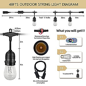 GANA Outdoor String Lights, Patio Lights 48FT Music Flash RGBW Colourful, Safe 12V Low Voltage LED Shatterproof Bulbs Connectable, Heavy Duty Wire IP65 Waterproof Level for Courtyards Cafe Bistro