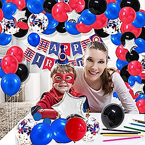 Red Blue Black Balloon Garland Arch Kit, Royal Blue Red Black Latex Confetti Balloon 16ft Arch Strip Ribbon for Kid Super Spider Hero Man Theme 3rd 4th Boy Birthday Graduation Party Decors