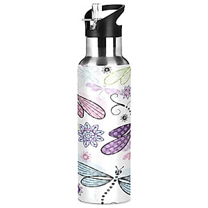 Bulletgxll Water Bottle with Straw Lid 34oz Beautiful Colorful Dragonfly Reusable Vacuum Insulated Stainless Steel water bottles, Leak Proof, BPA-Free.