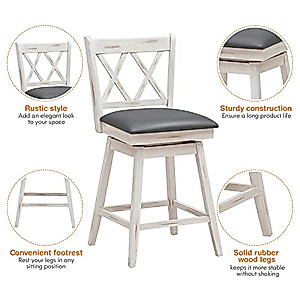 COSTWAY Bar Stool Set of 2, 360° Swivel Counter Height 25inch Bar Stool with Foot Rest Upholstered Cushion & Ergonomic Backrest, Sturdy Frame, for Pub, Restaurant, Home (2, Antique White + Grey)