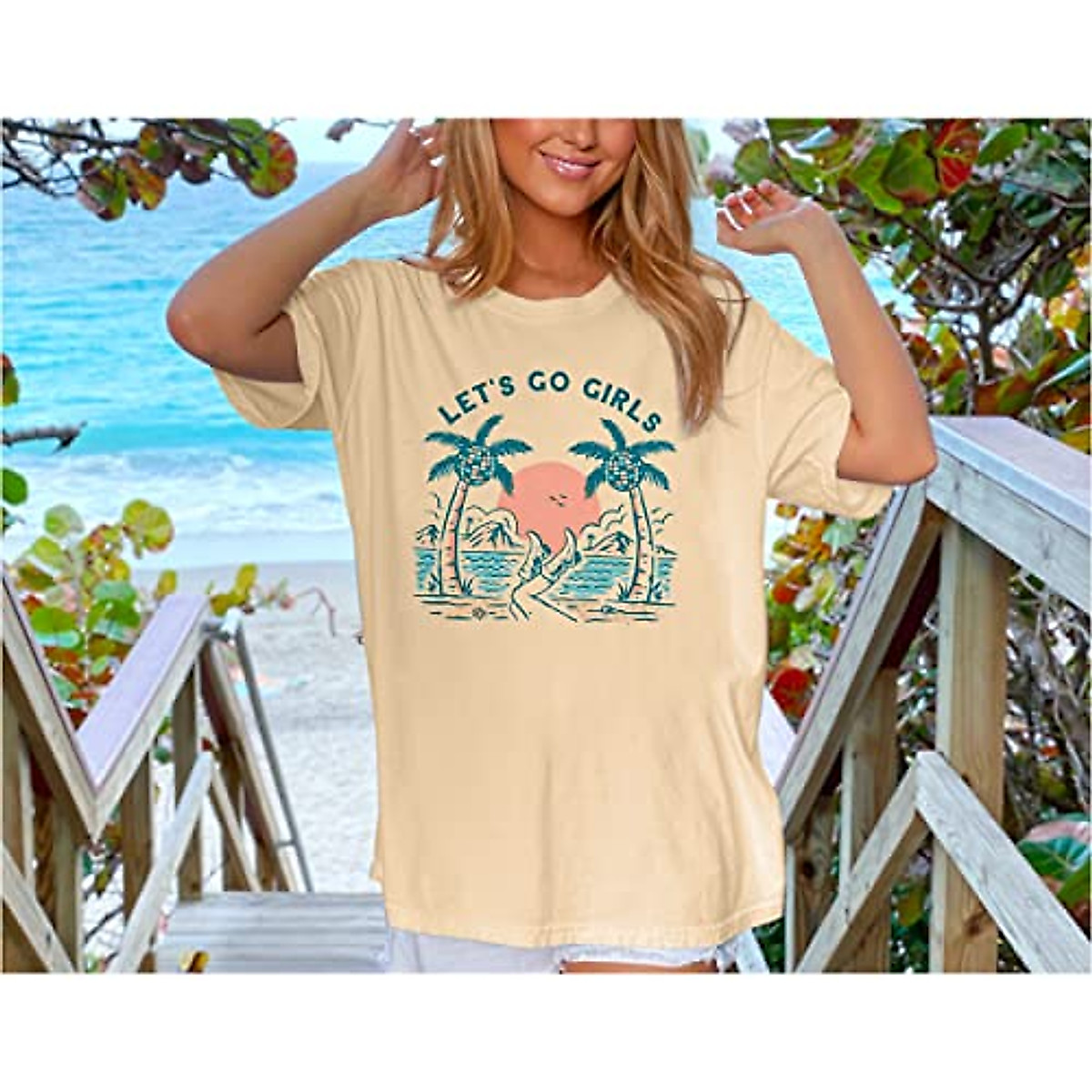 KNEYATTA Hawaii Oversized T Shirts Women Girls Trip Shirts Let's Go Girls T Shirt Beach Party Oversized Short Sleeve Tee