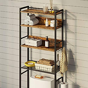 Rolanstar Over The Toilet Storage, 4-Tier Wooden Bathroom Space Saver with Hooks, Freestanding Bathroom Organizer, Multifunctional Over The Toilet Storage Rack, Bathroom Toilet Rack, Rustic Brown