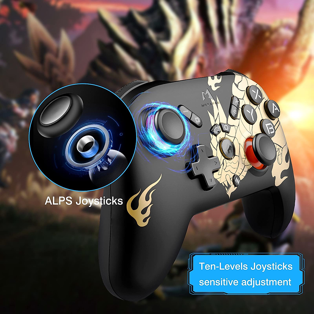 AKNES Monster Hunter Rise Switch Pro Controller, Wireless Bluetooth Gamepad for Switch/OLED Switch/Switch Lite/PC, with NFC Wake-up Function,Support Amiibo Motion Control Turbo Vibration