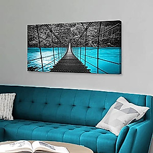 Bridge River Canvas Wall Art: Teal Blue Picture Lake Decor Painting Turquoise Decoration Artwork For Bedroom Living Room 48"x24"