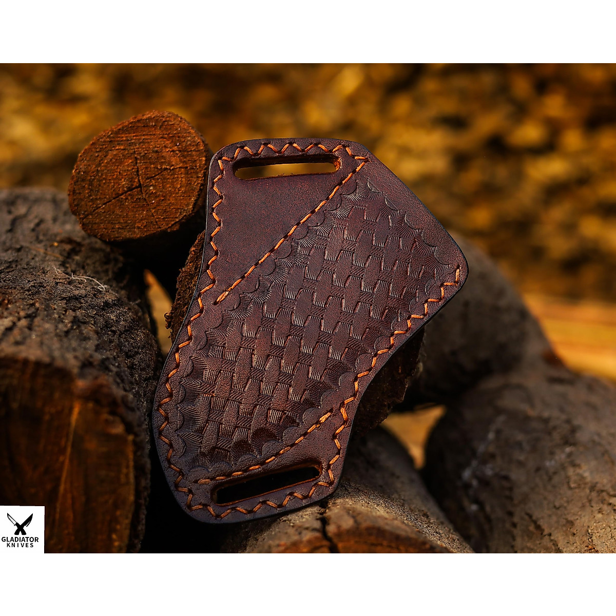 Leather Knife Sheath for Belt, Slanted Pancake Style, Tooled Leather, Cowboy Bull Cutter Cover, Cross Draw, Handmade Stitched with 100% Real Leather (Dark Brown)