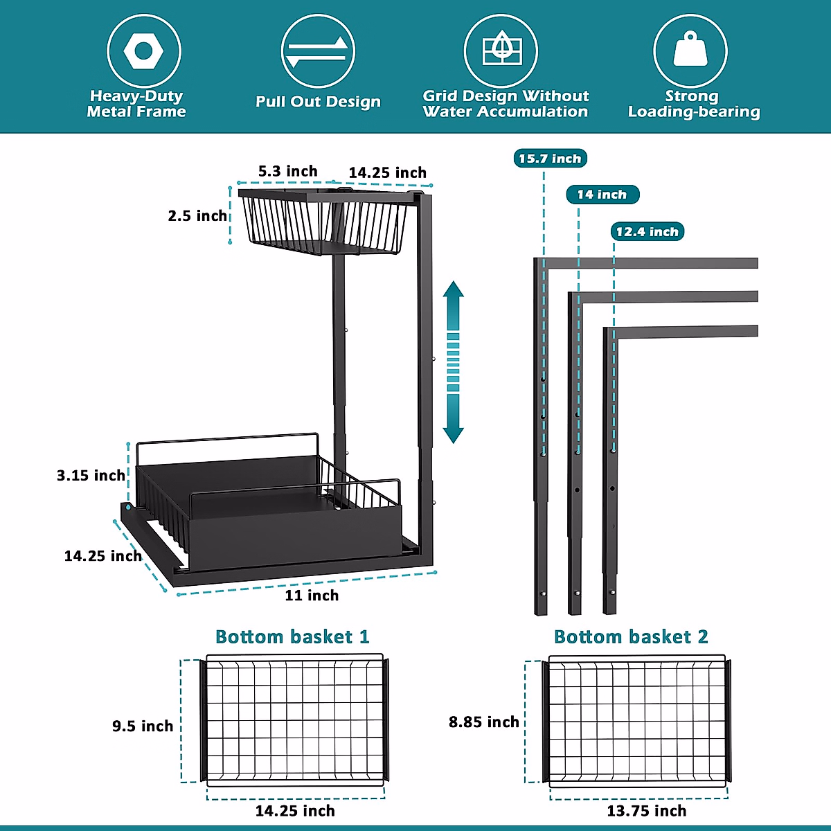 NADAMOO Kitchen Organizers and Storage 2 Pack Adjustable Height Under Sink Organizers and Storage with Removable Basket 2 Tier Bathroom Cabinet Organizer Pull Out Laundry Room Organization for Pantry