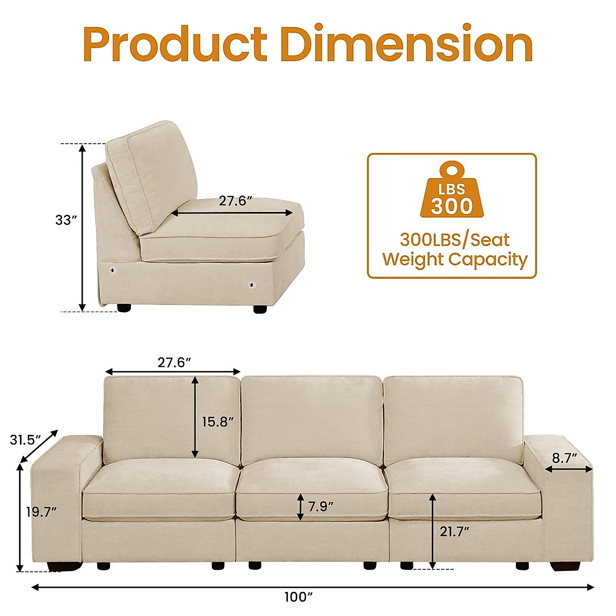 COHOME 100" Sectional Couch with Storage, Chenille Comfy Upholstered Couch for Living Room,3 Seater Free Combination Modular Sofa Couch with Deep Seat,Beige