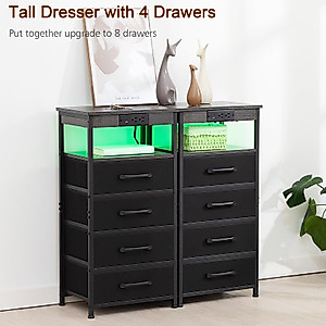 LOAKEKEL Night Stand Set 2, Tall Nightstand with Charging Station, LED End Tables with USB C Ports and 2 Outlets, Bedside Table with 4 Fabric Drawers, Dresser for Bedroom, Black, HNS024BK