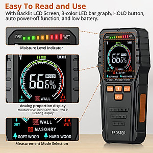 Proster Pinless Wood Moisture Meter, Non-Destructive Moisture Tester for Wood Wallboard Masonry;Detect up to 3/4 Inch Below Surface, Backlit Color LCD , Visual/Audible Alarm, with Storage Case