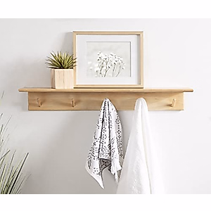 Kate and Laurel Alta Modern Floating Wood Wall Shelf with Coat Hooks, 36 x 5 x 5, Natural Wood, Decorative Wooden Shelf with 5 Hanging Posts for Storage