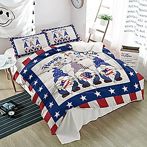 3 Pieces California King Bedding Duvet Cover Sets,Independence Day Patriotic Gnome Ultra Soft Bed Set with 2 Pillow Shams for Bedroom Star and Red White Stripe,Luxury Quilt Covers for All Season