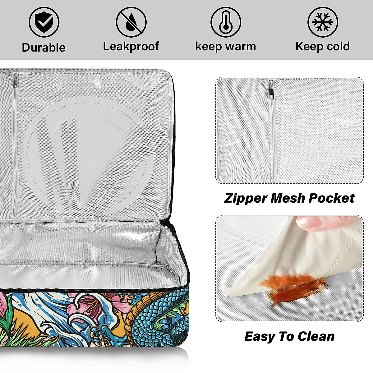 NFMILI Casserole Carrier for Hot and Cold Blue Japanese Dragon Print, Insulated Food Delivery Bag Reusable Warmer Carrier Bag with Inner Pocket Aesthetic Print 15.75×11.81×3.94 inch