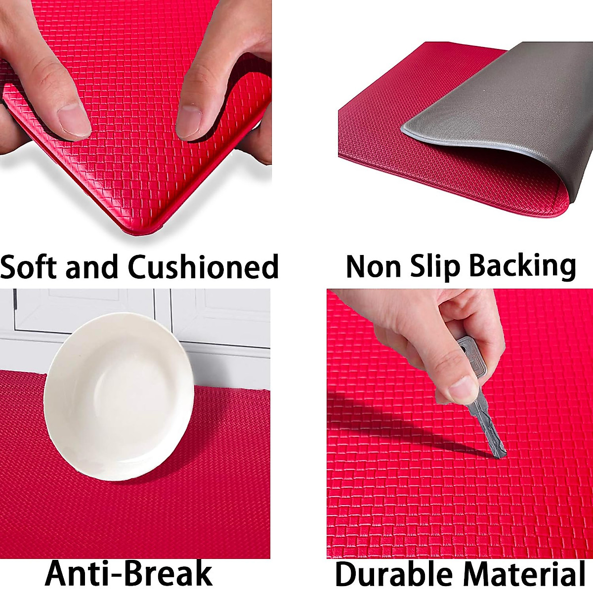 UPHTEH Anti Fatigue Kitchen Mats for Floor 2 Piece Set,17.32 * 28.74 and 17.32 * 46.25,Non Slip Waterproof Kitchen Mats and Rugs Ergonomic Comfort Mat for Kitchen,Home,Office,Sink,Laundry Room (red)
