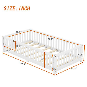 CITYLIGHT Twin Size Floor Bed with Rails, Wood Montessori Floor Bed Twin with Support Slats, Kids Twin Bed Frame with Door Design for Boys,Girls, White