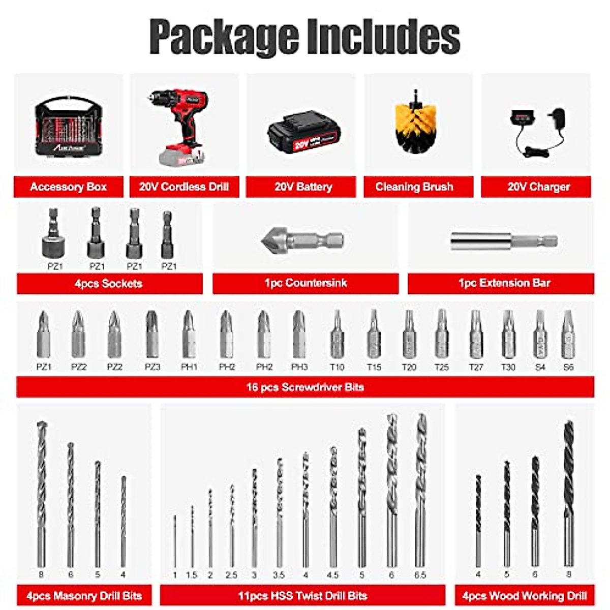 AVID POWER 20V Cordless Drill Set 320 In-lbs Torque Power Drill/Driver Kit with 41pcs Accessories and Drill Brush, 2 Variable Speed, 3/8'' Keyless Chuck