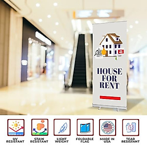 House For Rent Sign Retractable banner stand- 33x81 in backdrop adjustable stand banners and signs customize outdoor for Real Estate Business | Roll-up frame banner stand with Cover | Made in USA