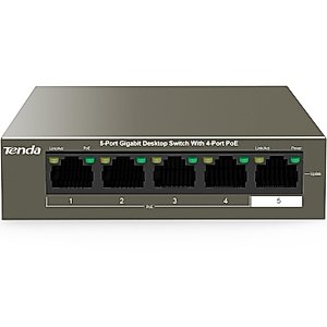 Tenda TEG1105P, 5 Port Gigabit PoE Switch Compatible with IEEE 802.3af/at Devices, Unmanaged PoE Switch with 4 Port PoE+@63W, Plug & Play, Fanless & Metal Design, Limited Lifetime Protection