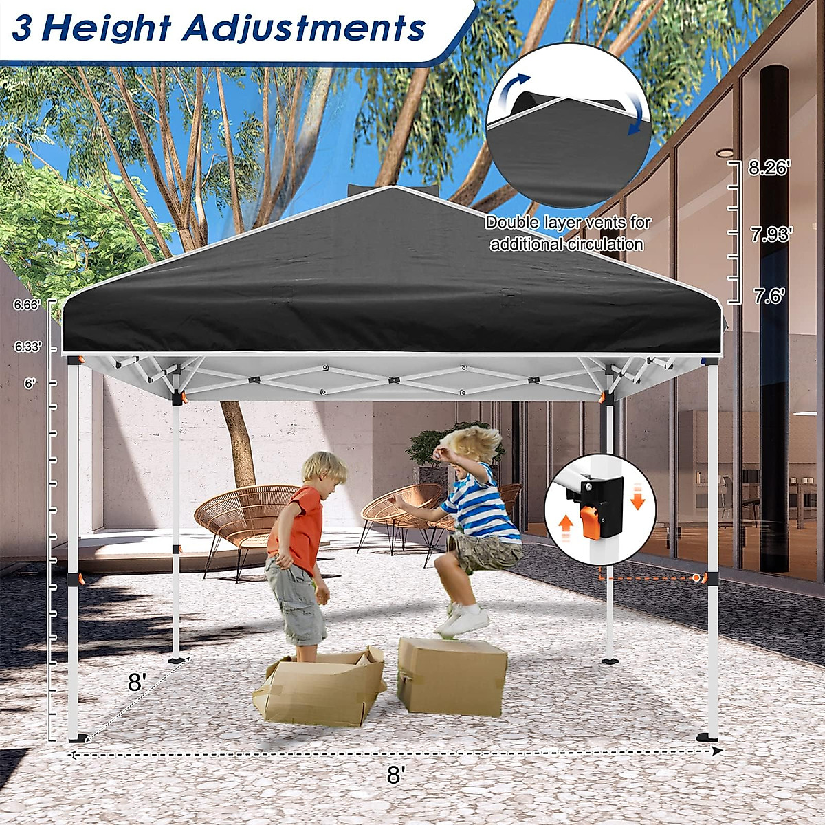 TINKLE WELL Patio Canopy 8'x 8'Pop up Instant Gazebo Tent, Outdoor Portable Shelter w/Sidewalls and Windows Sun Protection, 8 Stakes, 4 Ropes, 4 Double-Barrel and a Roller Bag(Black,8x8ft)