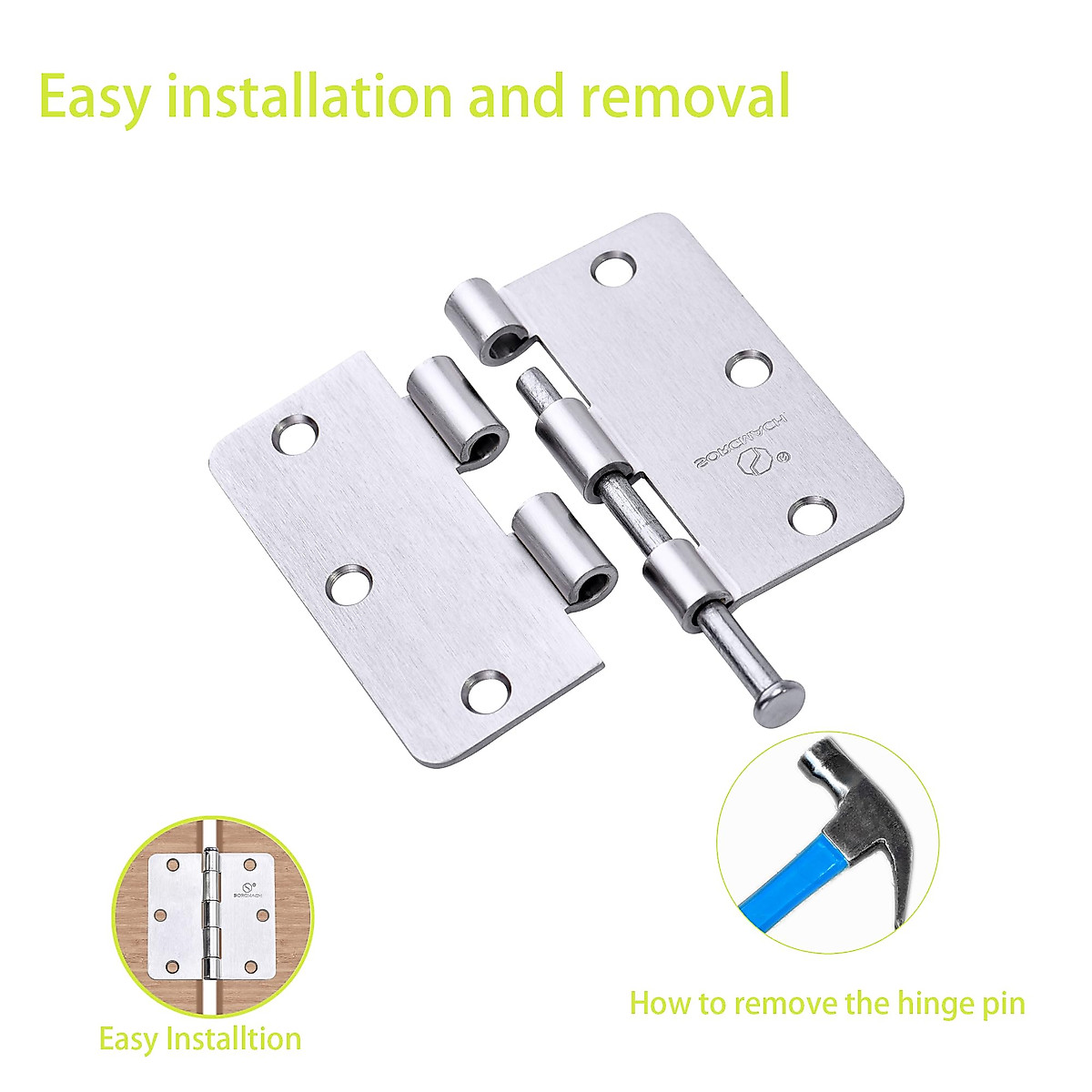 Door Hinge 3 1/2 Inch Interior Door Hinges Satin Nickel 3.5 Inch Interior Hinges 1/4" Radius Flat Iron Hinge 3 ½"x 3 ½" Door Hardware - 3 Pieces