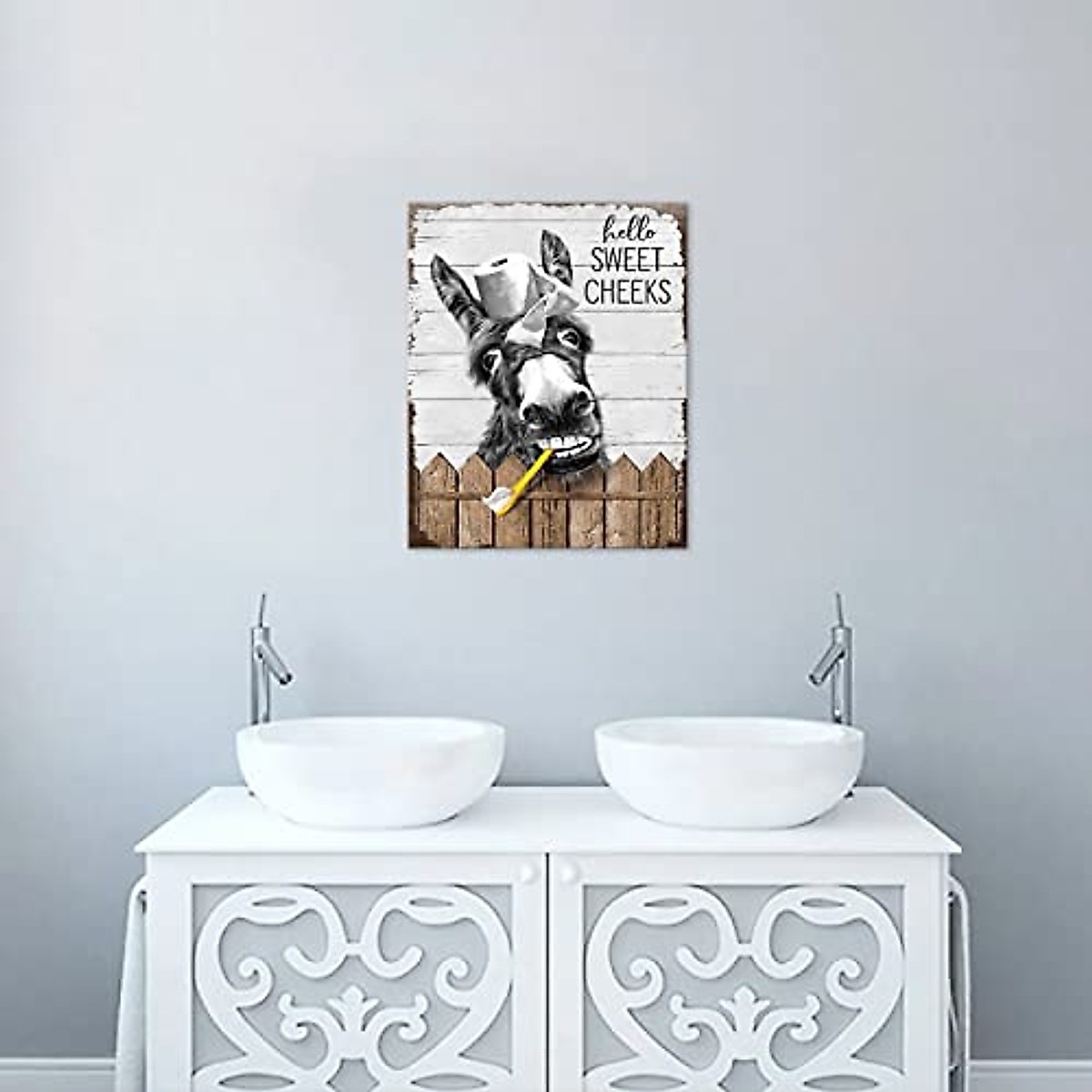 Farmhouse Bathroom Decor Wall Art Funny Donkey Bathroom Wall Art Donkey Bite Toothbrush Pictures for Wall Rustic Animal Canvas Print Framed Artwork for Washroom Bathroom Wall Decor 12x16 Inch