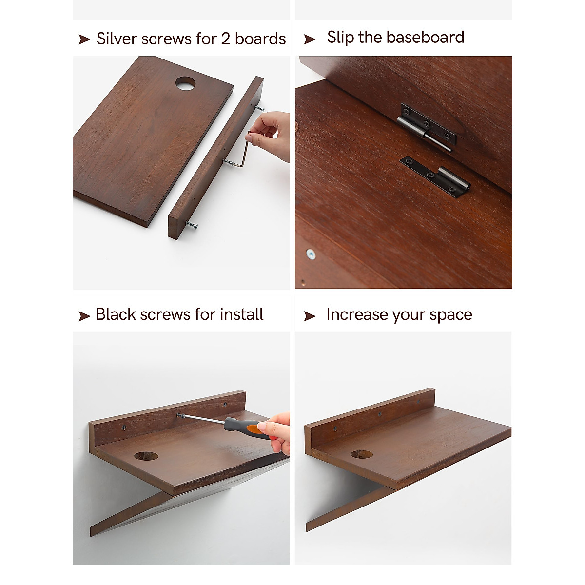 Sivapleso Floating Nightstands Set of 2, with Cable Hole Walnut Color Wood Floating Bedside Table Lightweight Small Wall Mounted Night Stand Hanging for Wall