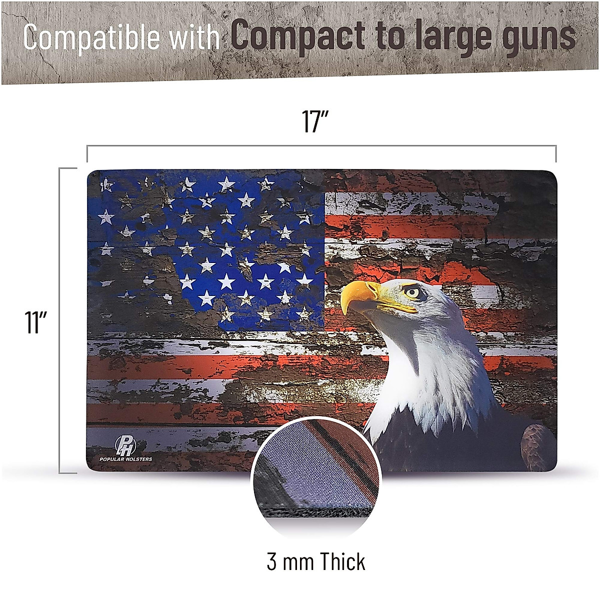 Gun Cleaning Mat by PH - Measures 11" x 17" 3 mm Thick - Oil and Solvent Resistant Padded Non-Slip - Compatible with Compact to Large Guns - for Maintenance or Repairs to Your Firearm (Flag+Soldier)