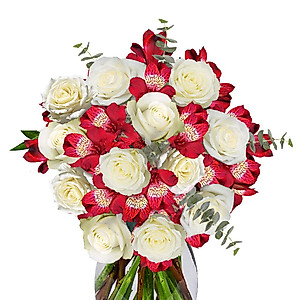 Bouquet of Roses and Alstroemerias with Greens- Fresh Flowers- White and Red