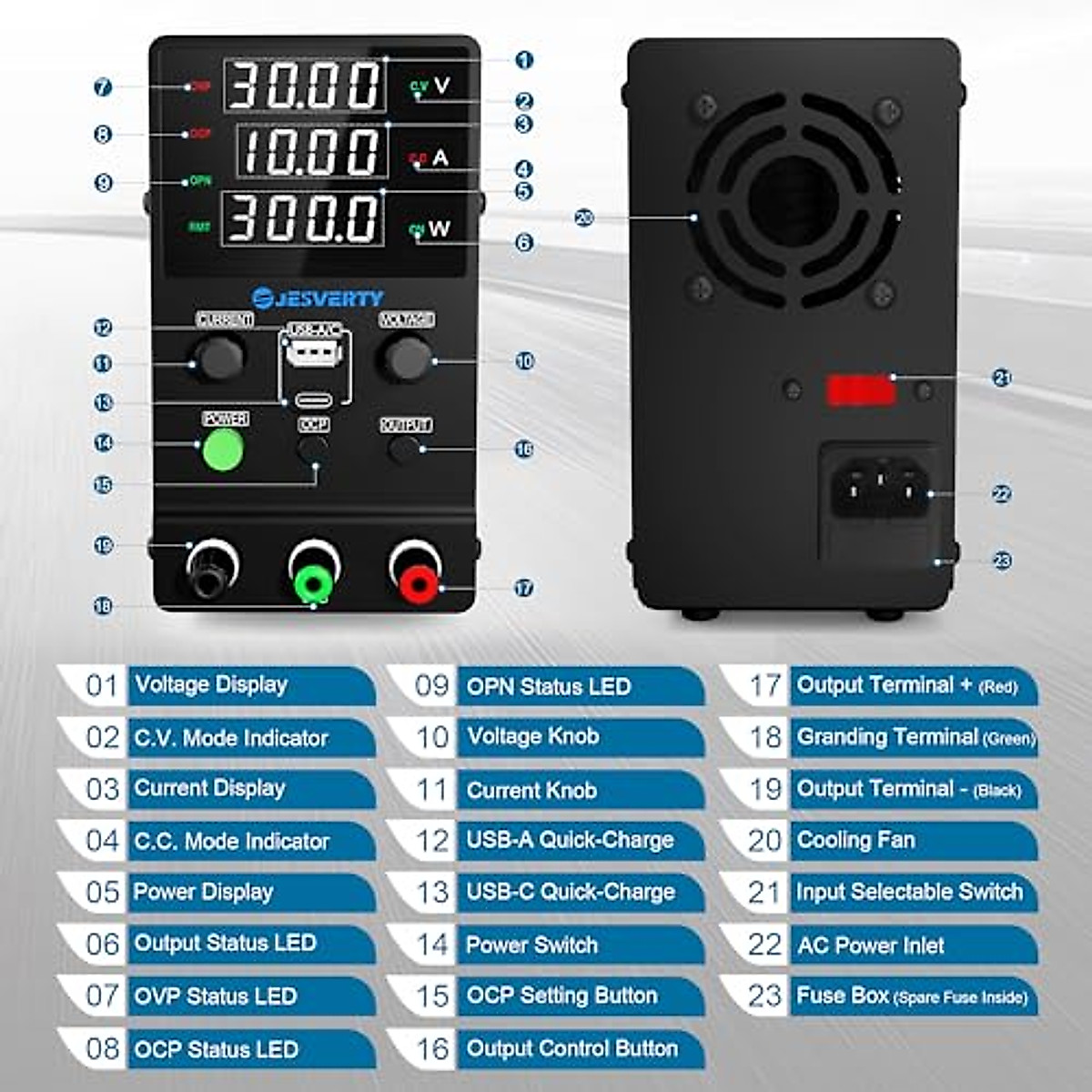 Jesverty DC Power Supply Variable, 0-30V 0-10A Adjustable Switching DC Regulated Bench Power Supply with 20W USB & Type-C Quick-Charge, Encoder Knob, Output Switch, 4-Digit LED Display - SPS-3010M