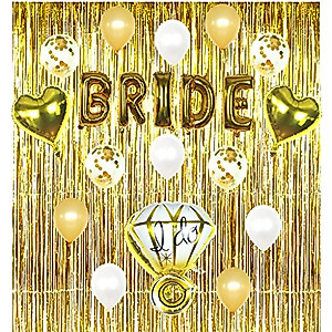 Bridal Shower Bachelorette Party Decorations Kit Gold – Set Includes 1 Fringe Curtain, 1 Set of Foil Bride Balloons, 1 Ring Balloon, 2 Heart Balloons, 4 Confetti Balloons, 4 Gold, 4 White Balloons