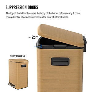 Stainless Steel Foot Pedal 13 Gallon Large Trash Can with Soft Close Quiet Lid, Stainless Steel Thickened Body Rectangular Garbage Can for Kitchen, Commercial, Home, Office Garbage Can - Wood Color