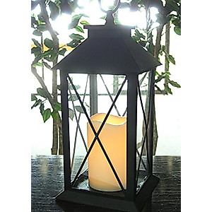 Black Decorative LED Lantern with Cross Bar Design - Pillar Candle with 5 Hour Timer Included - Hanging or Sitting Decoration - Set of 2 - 13"H