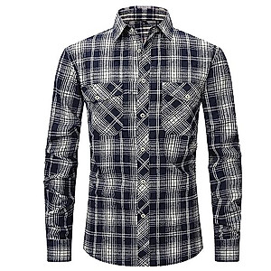 Men's Double Pocket Plaid Flannel Shirt Long Sleeve Button Down Business Formal Chemise M512 US Size XXL