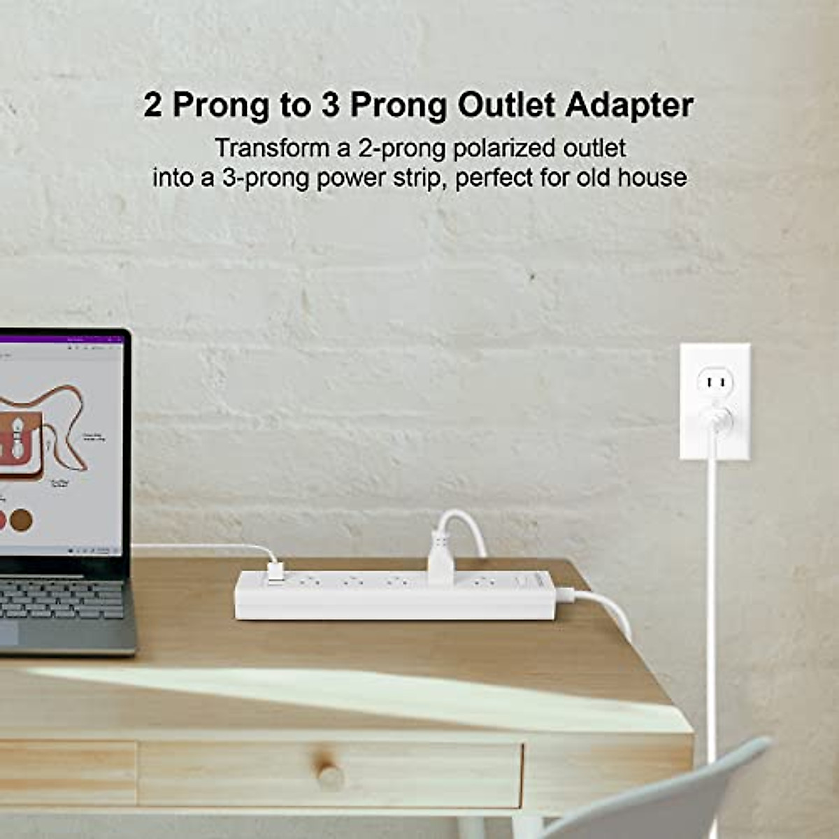 WANDOFO 2 Prong Power Strip, 10FT Long Extension Cord Surge Protector, 5 Outlets and 3 USB, 13A/1625W, Polarized Two Prong to Three Prong Outlet Adapter Converter, Wall Mount, White