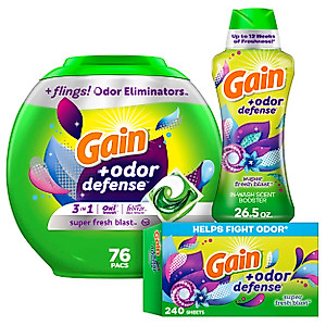 Gain flings Laundry Detergent Pacs with Odor Defense, Super Fresh Blast, 76 Ct + Gain + Odor Defense Scent Booster Beads, Super Fresh Blast, 26.5oz + Gain Dryer Sheets, Super Fresh Blast, 240 Ct