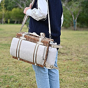 19Pcs Picnic Basket for 2 with Insulated Liner and Waterproof Picnic Blanket Wine Pouch, Large Wicker Picnic Hamper for Camping,Outdoor,Valentine Day,Thanks Giving,Birthday Christmas for Couples