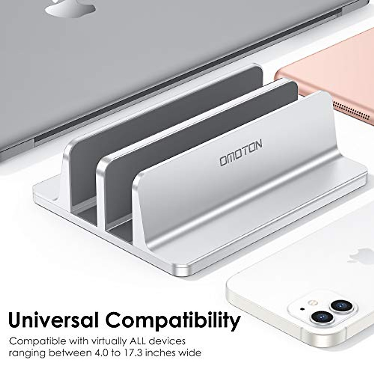 OMOTON Laptop Vertical Stand, Aluminum Dual Vertical Stand Holder with Two Adjustable Slots, Compatible with Samsung/Microsoft Surface/HP/Dell/Chrome Book, Up to 17.3 Inches (Silver)