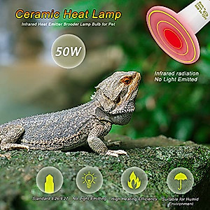 FIVEAGE 50W Ceramic Heat Lamp Bulb, Infrared Reptile Heat Emitter, Reptile Heat Bulbs, Pet Brooder Coop No Light No Harm for Snake Bearded Dragon Turtle-2 Pack