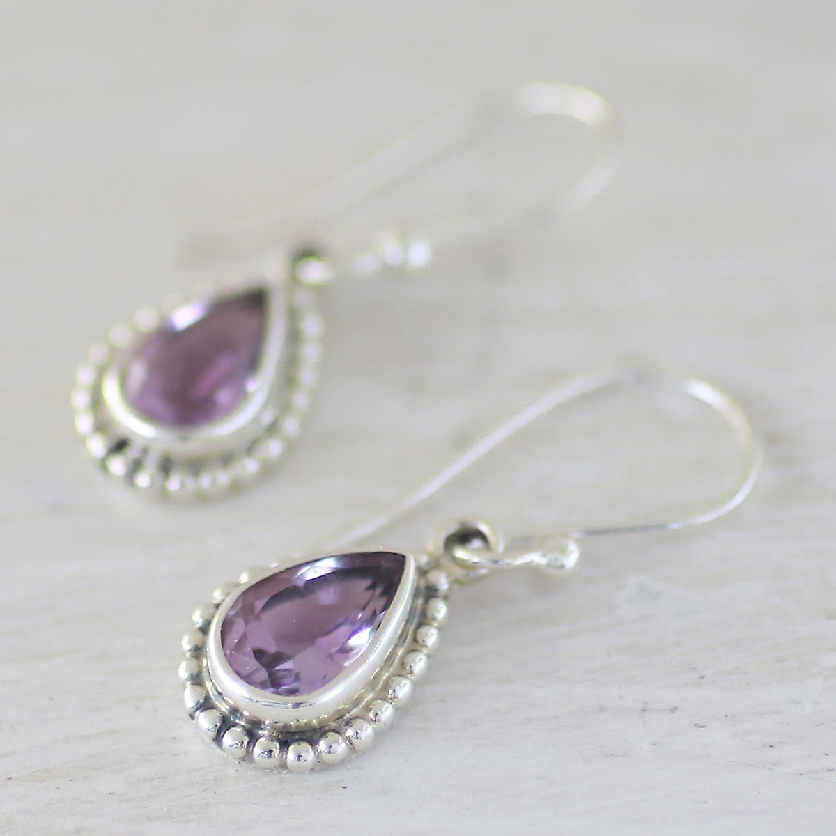 NOVICA Artisan Handcrafted Amethyst Dangle Earring | Sterling Silver Dangle Earring | Birthstone Earring For Women | Stone Dangle Drop Earring | Cushion Cut Drop Earring | Silver Oval Dangle Earrings