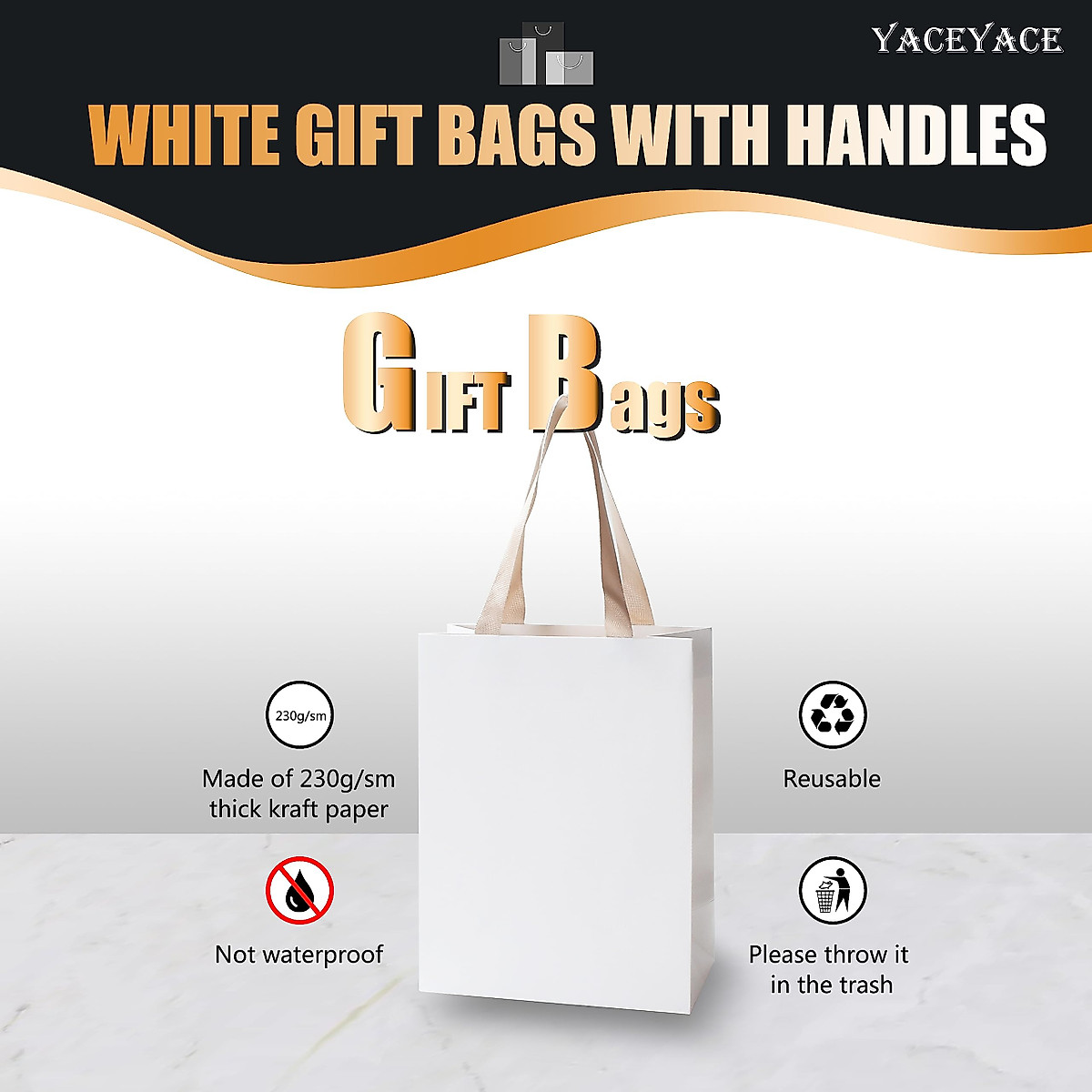 White Gift Bag with Handles, YACEYACE 20Pcs 8"x4.25"x10" White Paper Gift Bags Bulk Kraft Paper Bag White Paper Wedding Bags White Paper Shopping Bags Gift Wrap Bags for Party Birthday Baby Shower Retail Mothers Day Small Busines