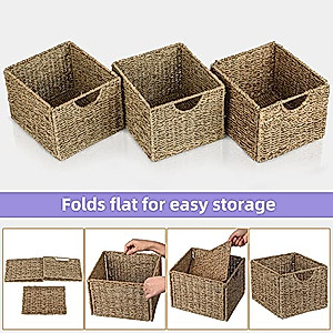 Seagrass Storage Baskets with Labels, 10.5x9x7.5in Wicker Storage Basket, Storage Baskets for Shelves Set of 3, Pantry Baskets Organization,Kitchen Storage Baskets, Bathroom Shelves Storage Basket