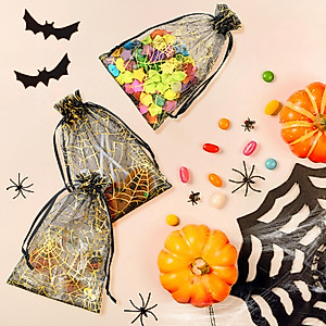 G2PLUS Halloween Organza Drawstring Bags, 50PCS Halloween Organza Bags 4x6, Sheer Organza Pouches, Trick or Treat Candy Goodies Bags, Spiderwebs Organza Bags for Halloween Party Favors (Black)