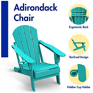 BRIOPAWS Folding Adirondack Chairs Set of 2, Weather Resistant Patio Chairs w/Cup Holder, HDPE Plastic Chair, Lawn Chairs for Fire Pit, Deck, Outdoor, Porch, Campfire, Aqua, 2 Packs
