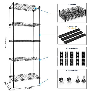 Metal Shelves for Storage Heavy Duty, Wire Rack Shelving Units and Storage, Adjustable Shelves with 4 Hooks for Laundry Bathroom Kitchen Pantry Closet, Black
