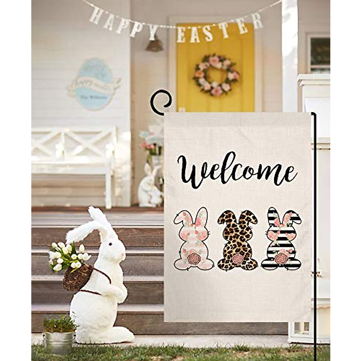Welcome Easter Bunny Garden Flag Vertical Double Sided Burlap Yard Spring Rabbit Outdoor Decor 12.5 x 18 Inches