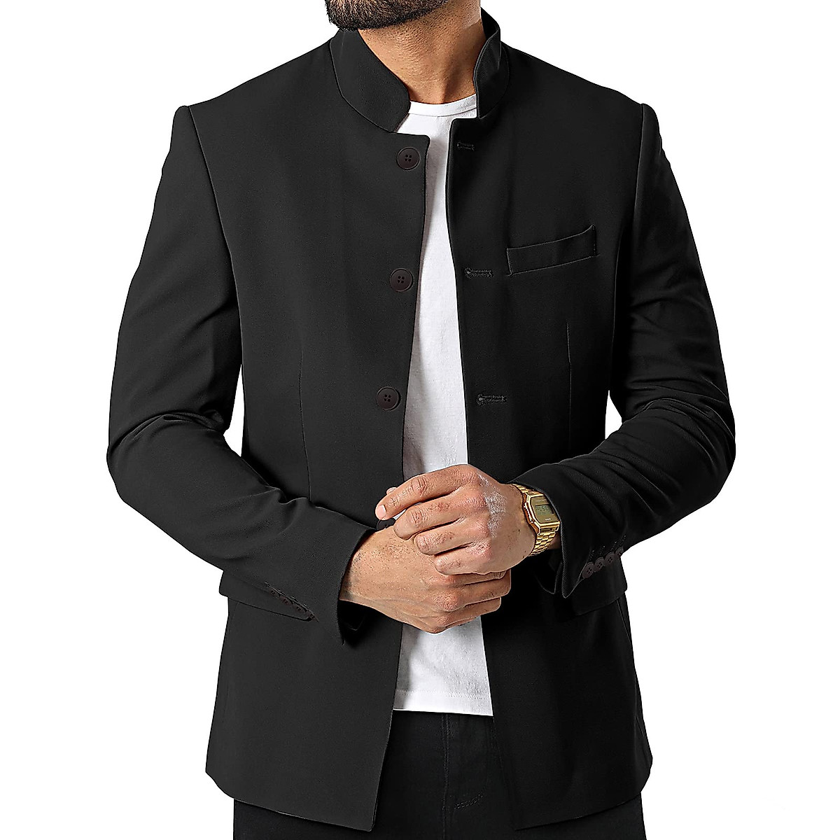 THWEI Mens Casual Suit Blazer Jackets Stand Collar Business Sport Coats Black Medium