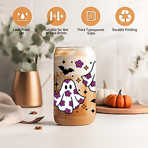 Coolife Purple Flower Ghost Halloween Cup, Cute Daisy Ghost Iced Coffee Cup, 16oz Floral Ghost Halloween Tumbler Glass Cups w/Lids Straws - Boo Basket Stuffers for Her, Halloween Gifts for Women Girl