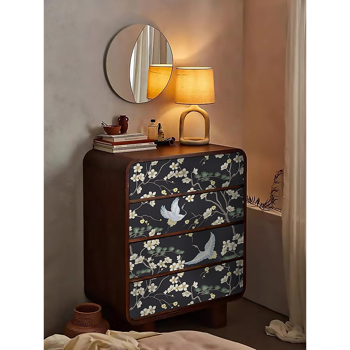 Micpolo Peel and Stick Wallpaper Black Floral Contact Paper Flowers and Birds Wall Paper Self Adhesive and Removable 16.1"x78"