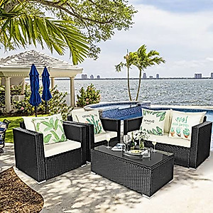 LUKEO 4PCS Patio Rattan Furniture Set Cushioned Sofa Chair Coffee Table Excellent Appearance in Classic and Style