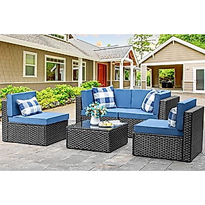 Shintenchi 5 Pieces Outdoor Patio Sectional Sofa Couch, Black PE Wicker Furniture Sets, Patio Conversation Sets with Washable Cushions Glass Table for Garden, Poolside, Backyard,Aegean Blue